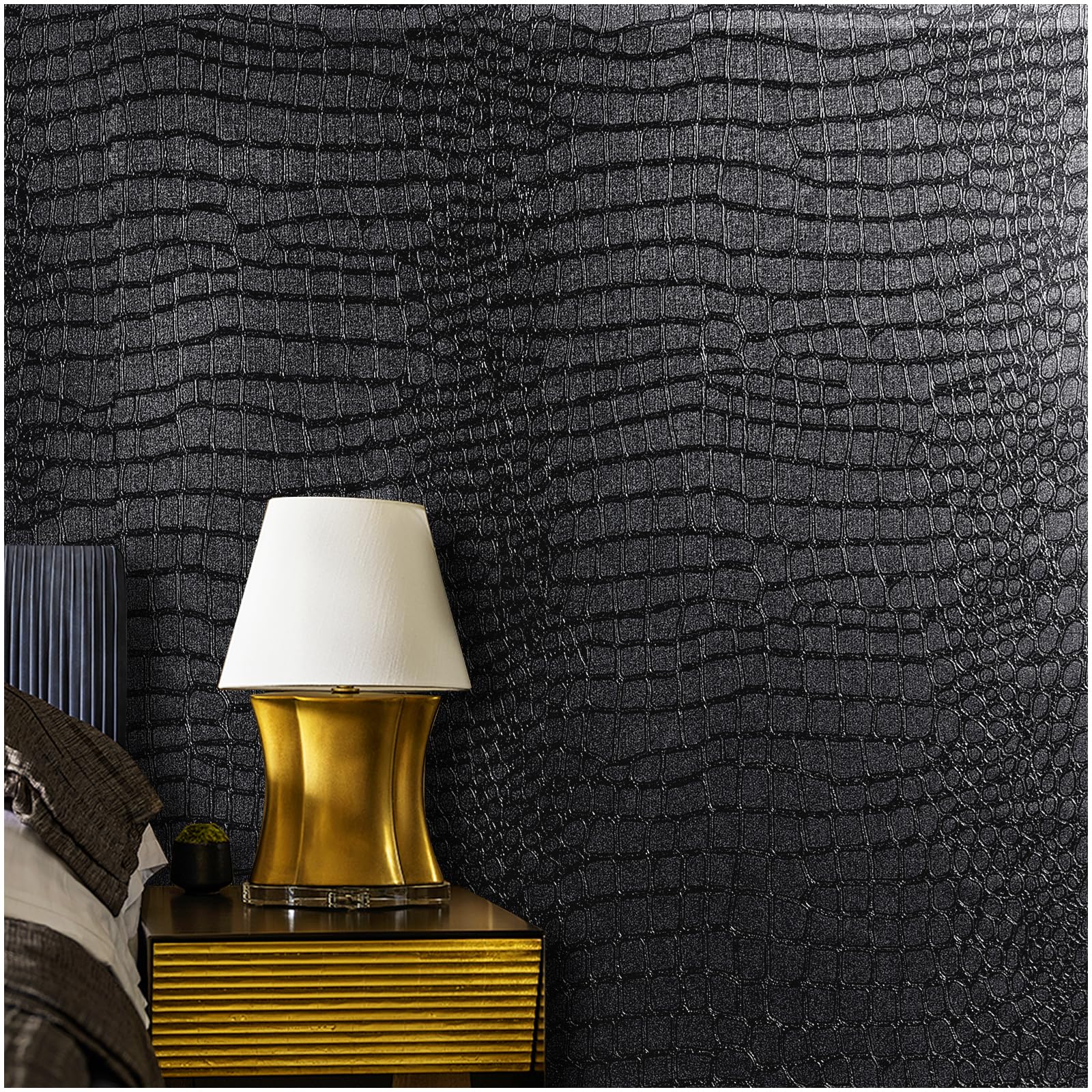 Kimhan Black Peel and Stick Wallpaper Removable Crocodile Wallpaper Self Adhesive Embossed Easy Peel Off Wallpaper Contact Paper Textured Wallpaper for Cabinet Bedroom 15.7" X 78.7"