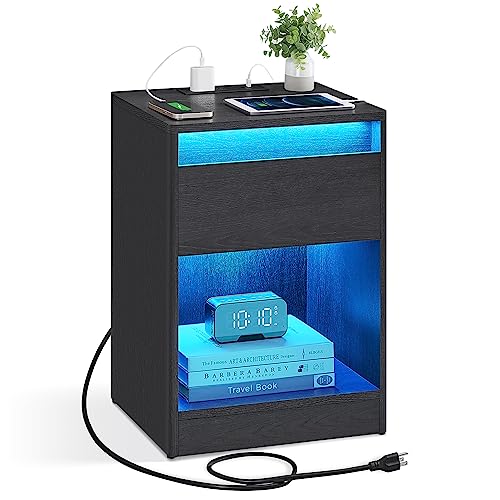 VASAGLE Nightstand with Charging Station, Side End Adjustable LED Lights, Bedside Table with Drawer 2 AC Outlets, 2 USB Ports, Modern, for Bedroom, 13.7" D x 15.7" W x 21.7" H, Black
