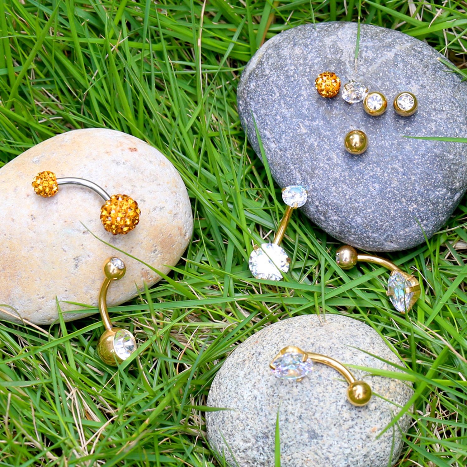BodyJ4You 5PC Belly Button Rings Set - 14G - Goldtone Surgical Stainless Steel - Shiny CZ Crystals - Clear Disco Ball - Replacement Extra Pack - Women Body Piercing Jewelry