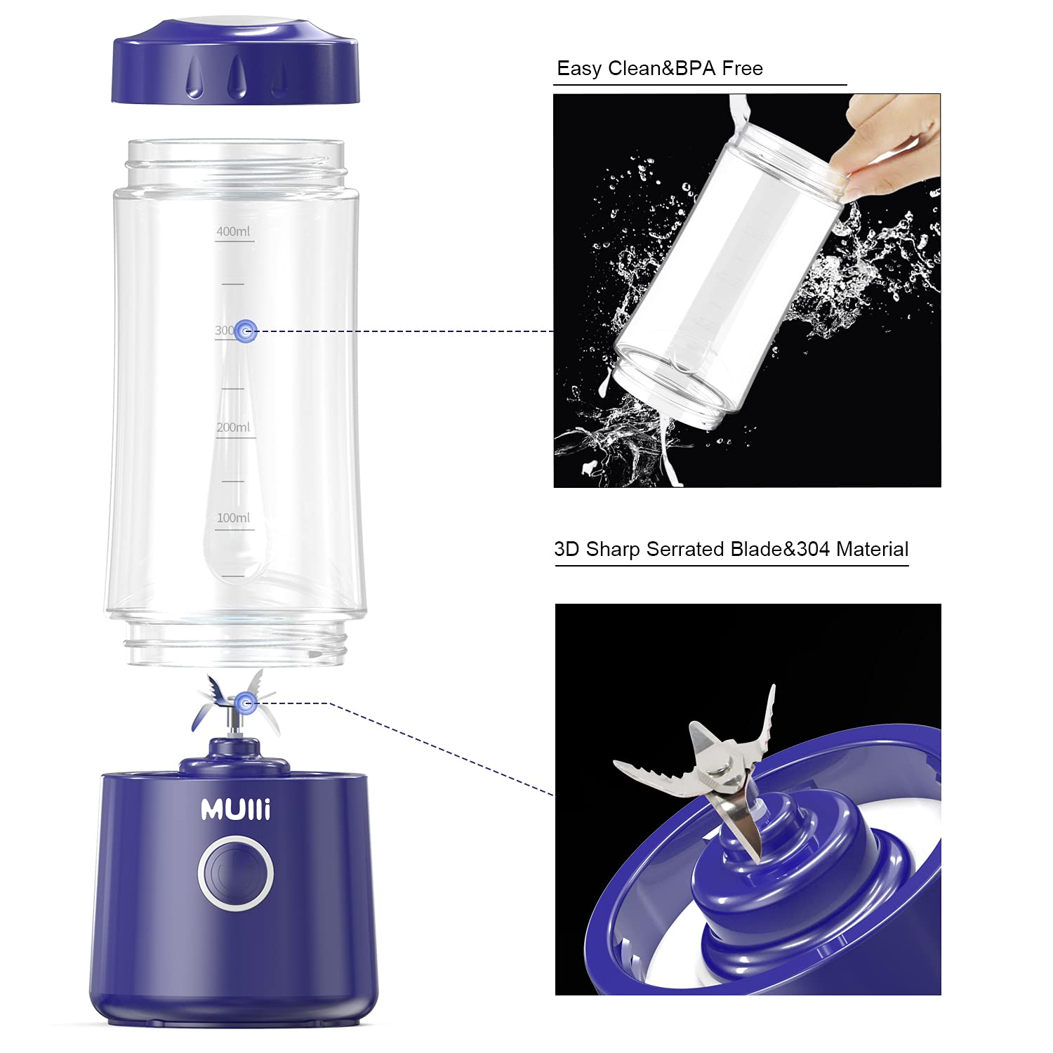 Mulli Portable Blender,USB Rechargeable Personal Mixer for Smoothie and Shakes, Mini Blender with Six Blades for Baby Food,Travel,Gym