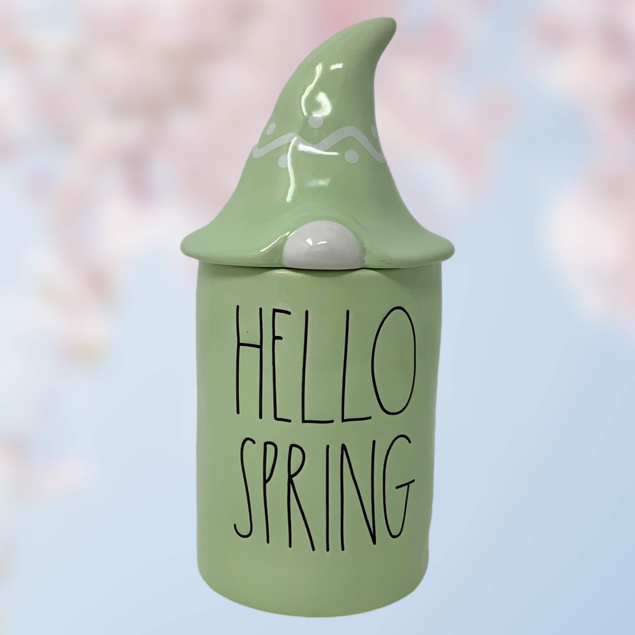 RAE Dunn Green Garden Mint Scented Candle "Hello Spring" Spelled with Rae Dunn Style Using LL Font - Super Cute Gnome Hat Lid - Add This Candle to Your Rae Dunn Collection and Home Kitchen Décor