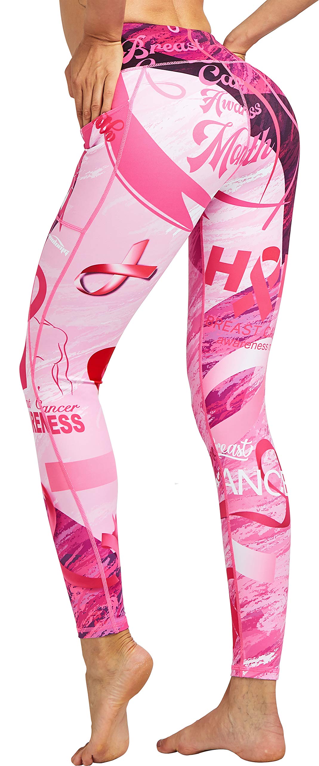 COOLOMG Breast Cancer Awareness Women Leggings Yoga Pants Workout Running Tights with Side Pockets Rosa Ribbon Printed XL