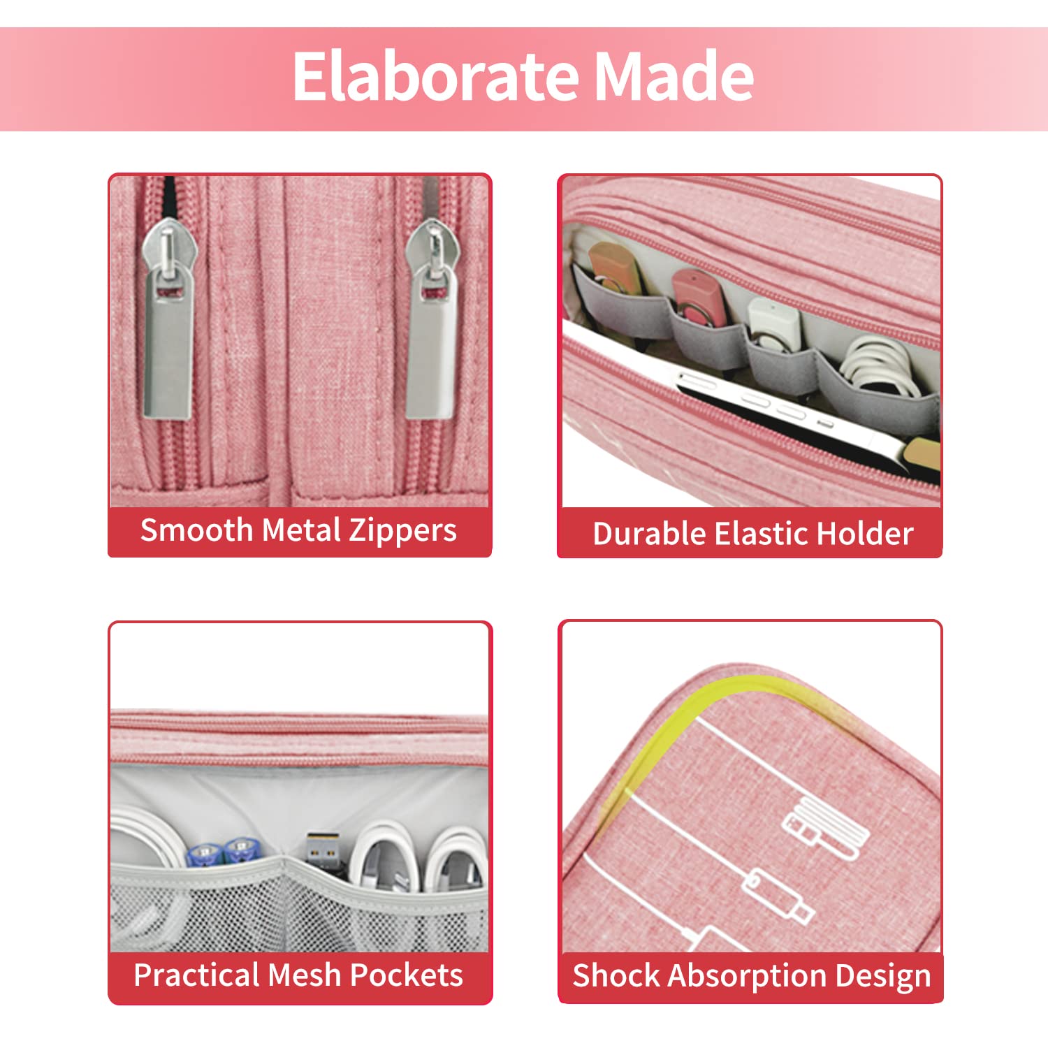 HESTECH Electronic Organizer Travel Case Cord Organizer Traveling Bag Tech Organizer Pouch for Charging Data Cable,Charger,Phone,Power Bank,Mouse,USB Flash Drive,Earphone,Pink with 5PCS Cables Ties