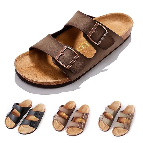 KLUKGE Mens Cork Sandals,Adjustable Buckle Leather Non-Slip Slippers Women's Flat Slide Cork Footbed Sandals Unisex Shoes, Arch Support(Light Brown US 14)