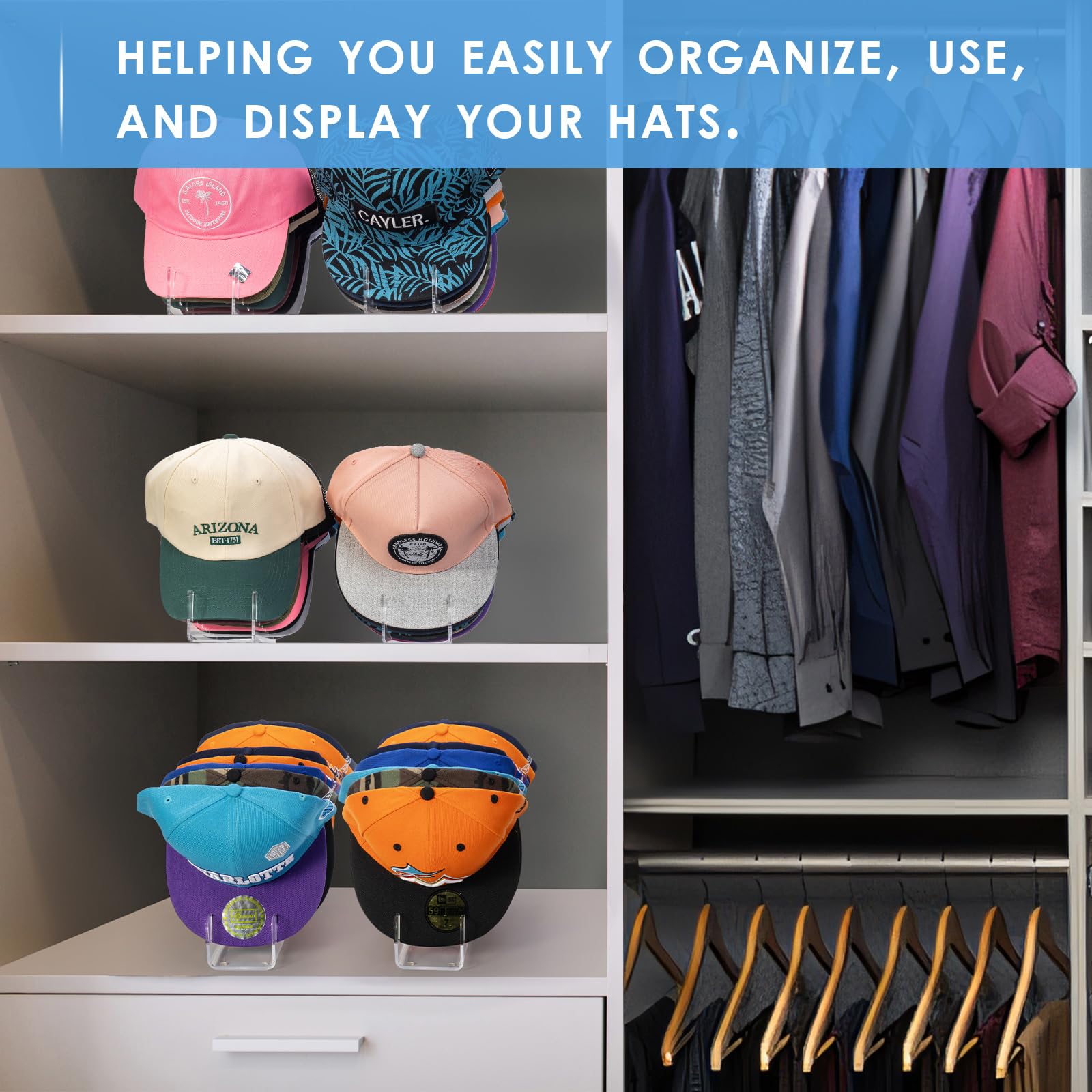 Hapring Hat Stand for Baseball Caps, 2 Pack Holds 14 Baseball Caps, No Installation Acrylic Hat Organizer for Closet, Bedroom, Dresser (Clear)