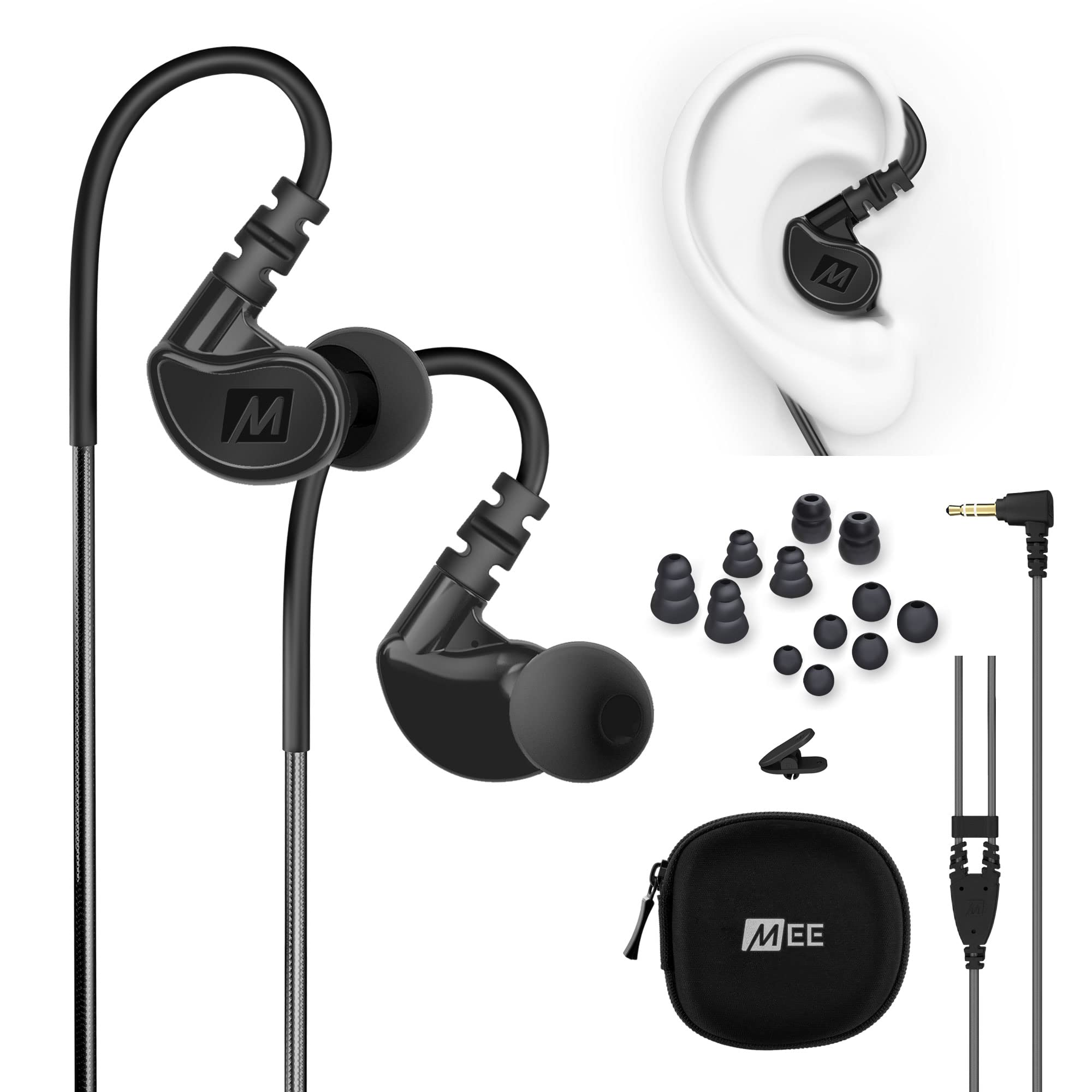 MEE audio M6 Sport Wired Earbuds, Noise Isolating In Ear Headphones, Sweatproof Earphones for Running/Gym/Workouts with Dynamic Enhanced Bass Sound, Memory Wire Earhooks, 3.5mm Jack Plug (Black)