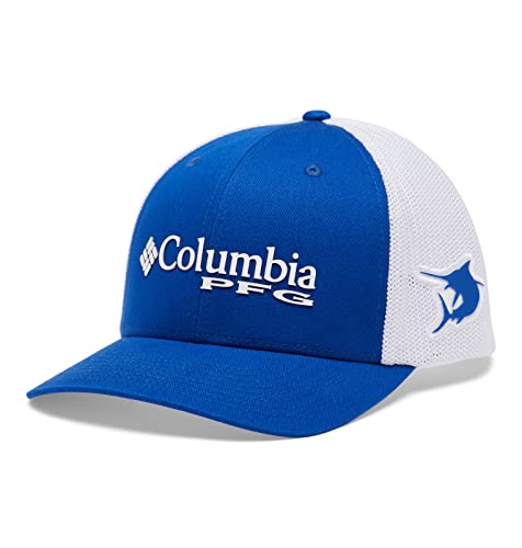 Columbia Unisex PFG Logo Mesh Ball Cap - High, Blue Macaw/White/Marlin, Small/Medium