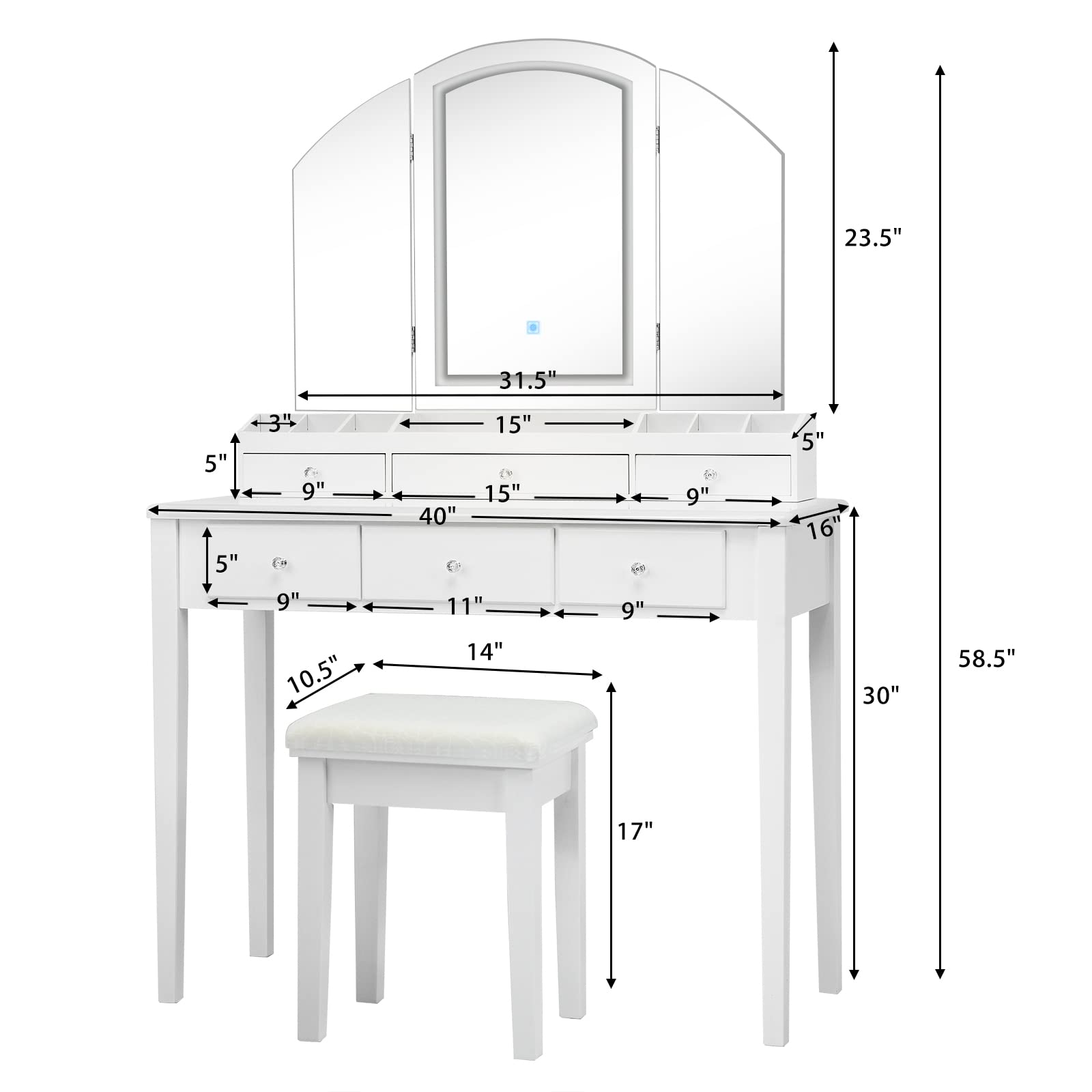 CHARMAID Large Vanity Set with Tri-Folding Lighted Mirror, 3 Color Lighting Modes, 6 Drawers, 12 Storage Compartments, Bedroom Makeup Dressing Table with Cushioned Stool for Women Girls, White