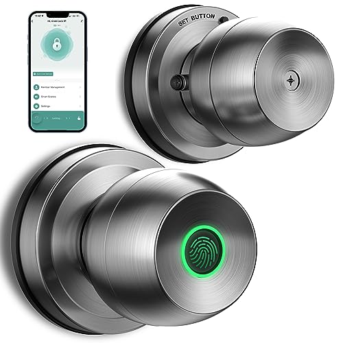 HEI LIANG Fingerprint Door Lock Smart Door Knob, Biometric Door Lock Smart Lock Fingerprint Door knob with App Control, Suitable for Bedrooms,Cloakroom,Apartments Offices,Hotels (Satin Nickel)