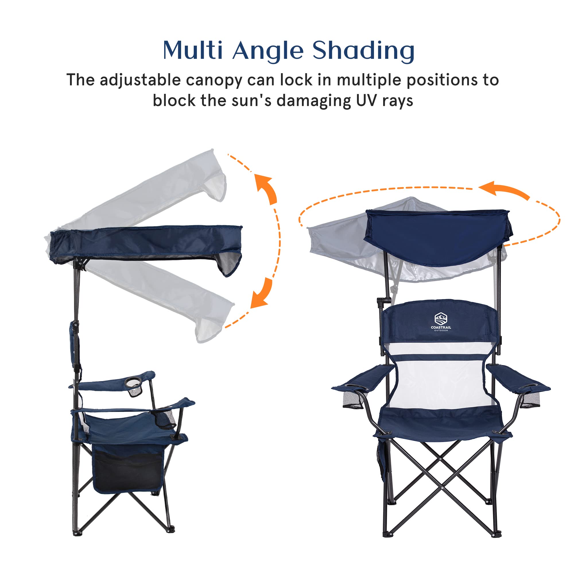 Coastrail Outdoor Canopy Camping Chair Multi-Position Adjustable Folding Shade Chair SPF 50+ Sun Protection with Cup Holder & Storage Pockets, Patio, Blue,Extra Large