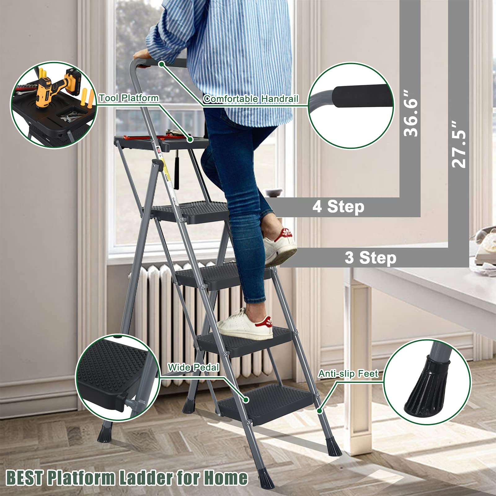 CharaVector 4 Step Ladder, Lightweight Folding Step Stool with Tool Platform and Convenient Handgrip Sturdy Wide Pedal for 330 lbs Capacity