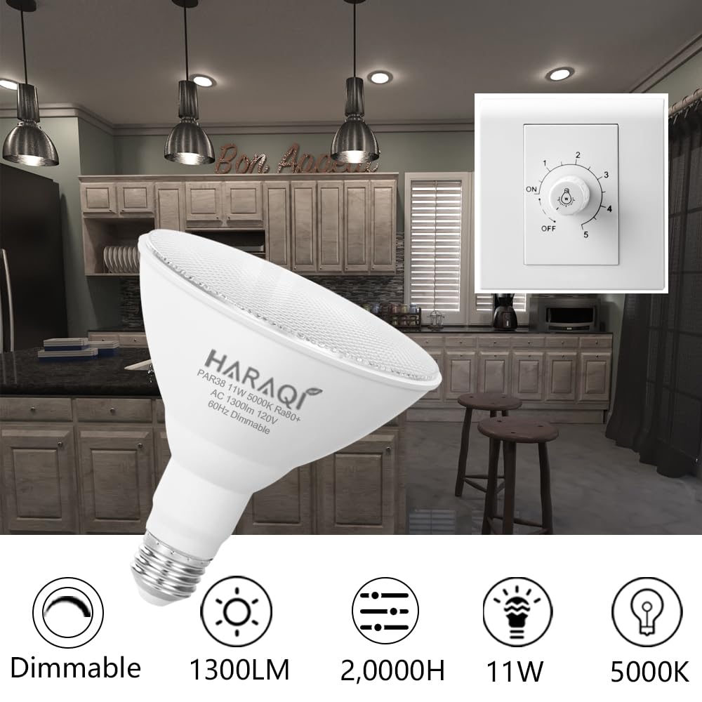 haraqi 2 Pack 120V E26 Base PAR38 11W LED Flood Dimmable Light Bulb, 1300LM 5000K Daylight White Light, 100W Equivalent Reflector Flood Replacement Light Bulbs