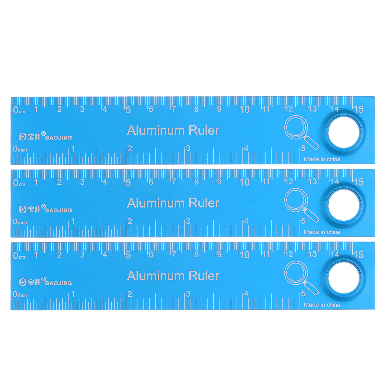 HARFINGTON 3pcs Straight Ruler 6 Inch Metric English System Aluminum Alloy Ruler Magnifier Measuring Tool for Children Study Classroom Office, Sky Blue