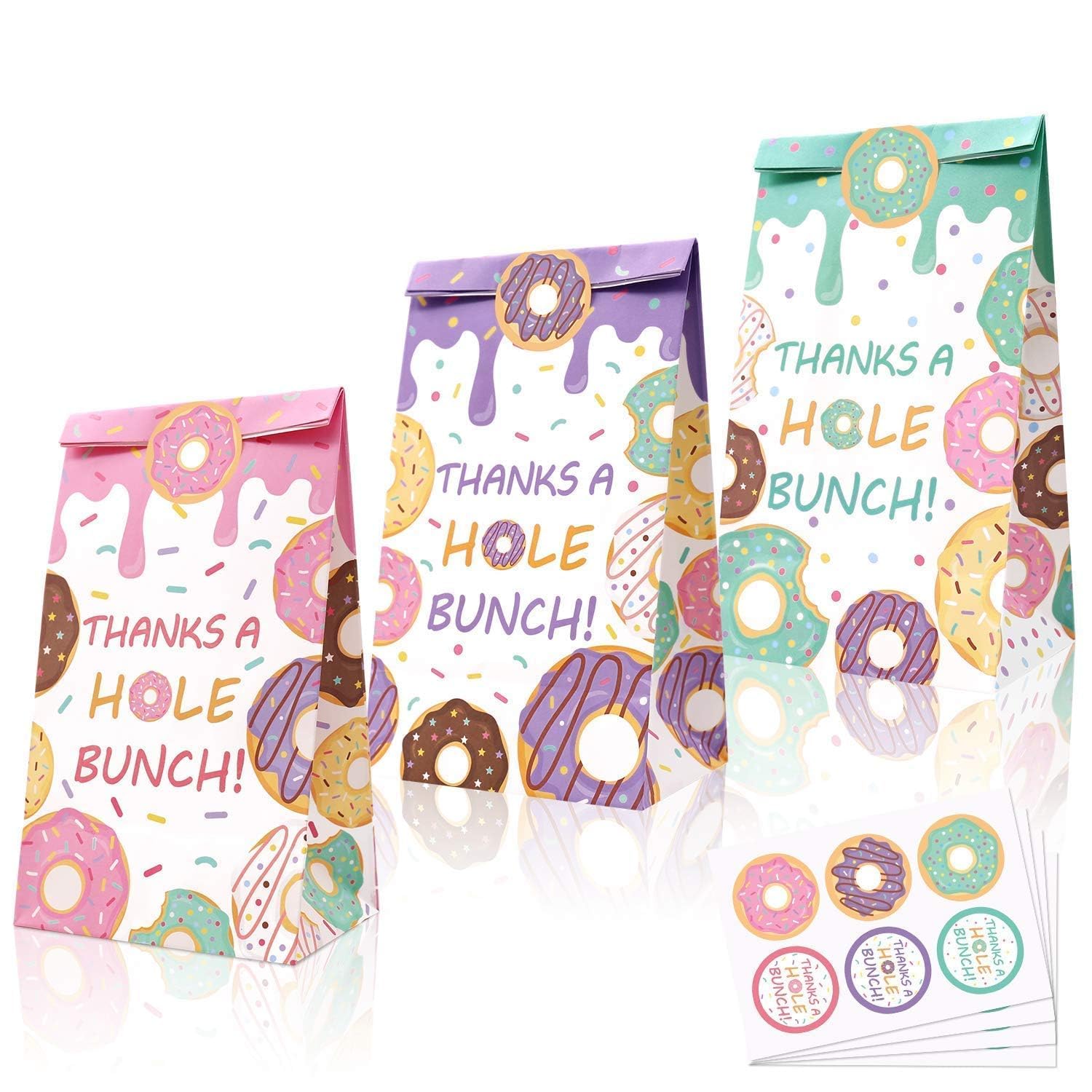 Levfla 24 PCS Donut Candy Bags Sprinkles Goodie Bags Thanks A Hole Bunch Stickers Sweet Doughnut Favor Ideas Kids Birthday Party Bash Decoration Supplies