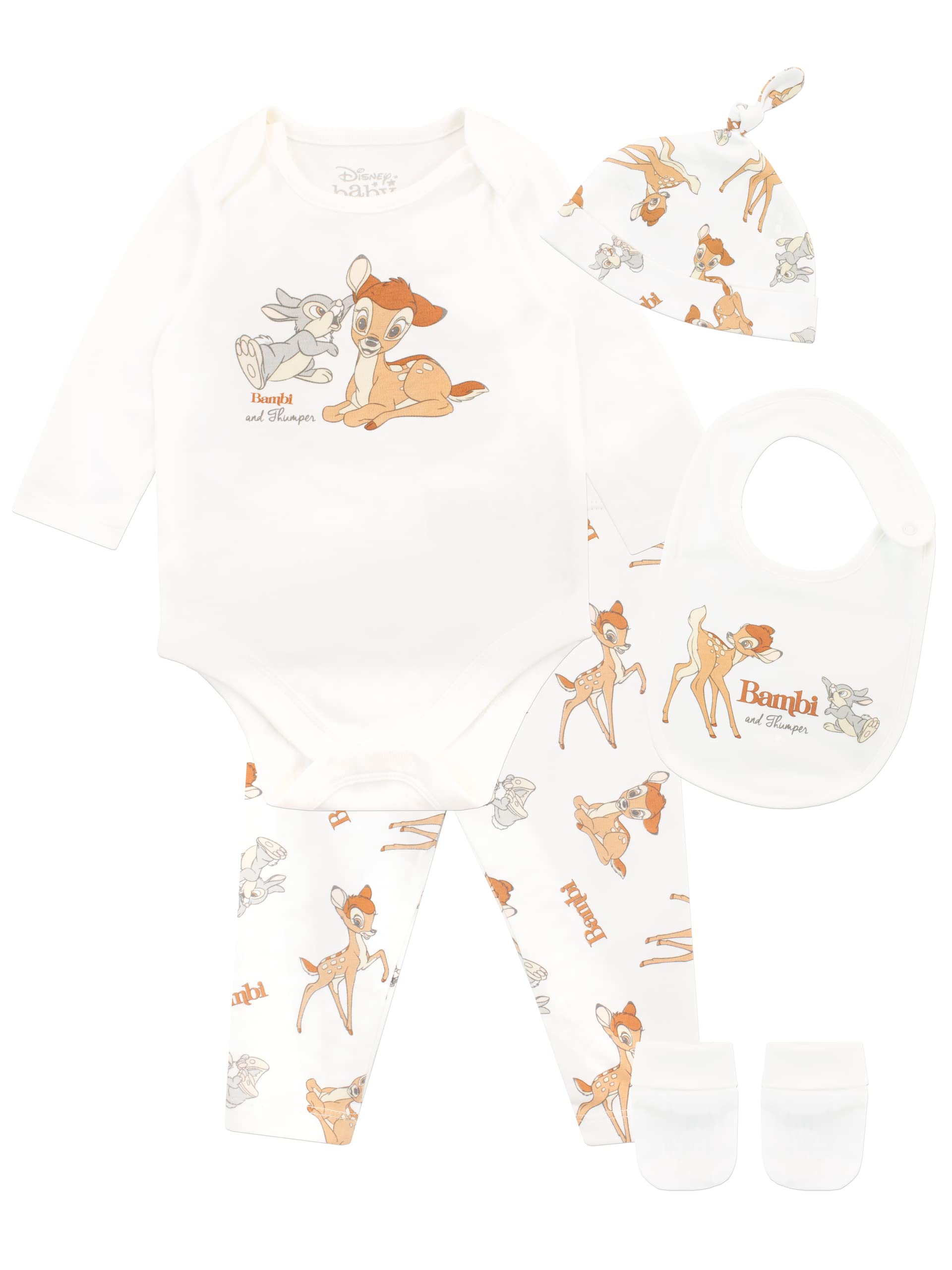 Disney Baby Girls Bambi Bodysuit with Hat and Bib Outfit 5 Piece Set White 12 M