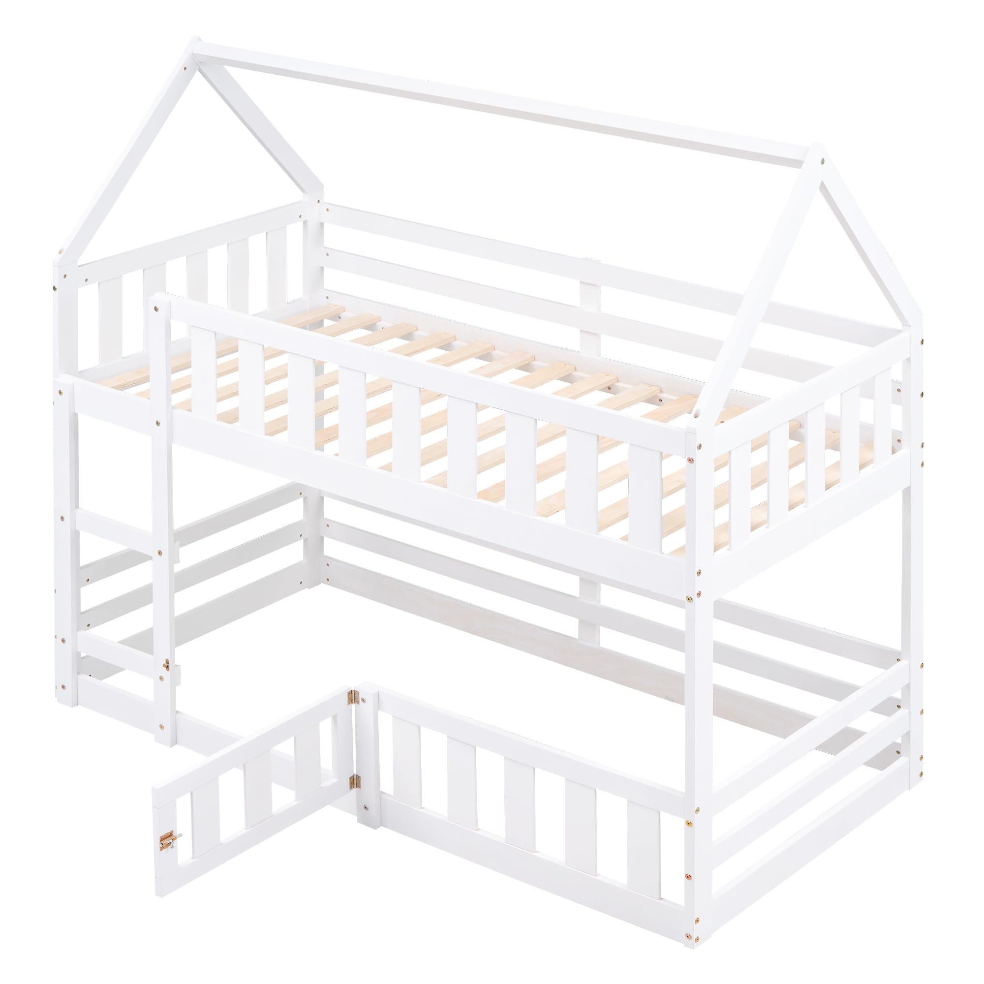LZ LEISURE ZONE Twin Over Twin Bunk Bed, Wood Twin Size House Bed with Fence and Door, No Box Spring Needed, White
