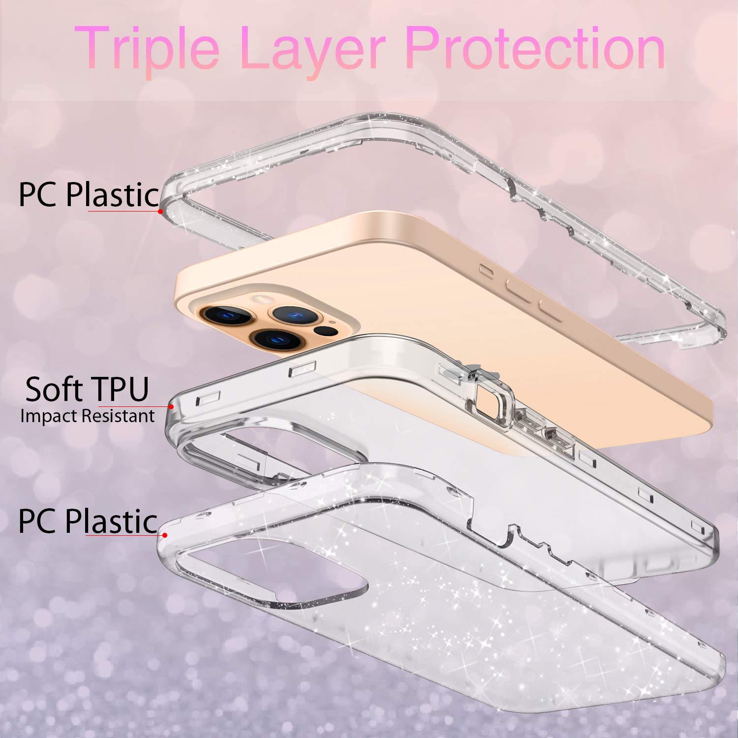 Coolwee Crystal Glitter Full Protective Case Compatible with iPhone 12 Pro Max Heavy Duty Protection Hybrid 3 in 1 Rugged Shockproof Women Girls Transparent Shiny Clear Bling Sparkle