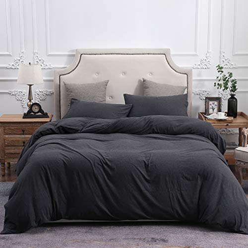 PURE ERA Jersey Knit Duvet Cover Set 100% T-Shirt Cotton Super Soft Comfy 3pc Bedding Set with Zipper Closure (Heather Charcoal Grey, Queen)