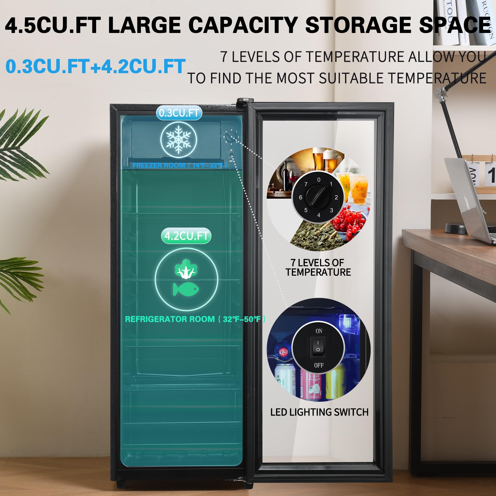 LZ LEISURE ZONE 4.5 Cu.ft Mini Beverage Refrigerator with Freezer, Up to 94 Cans of Soda, Beer or Wine, Fridge with LED Lighting, Silent, Energy-saving, Small Refrigerator for Bedroom/RV/Office