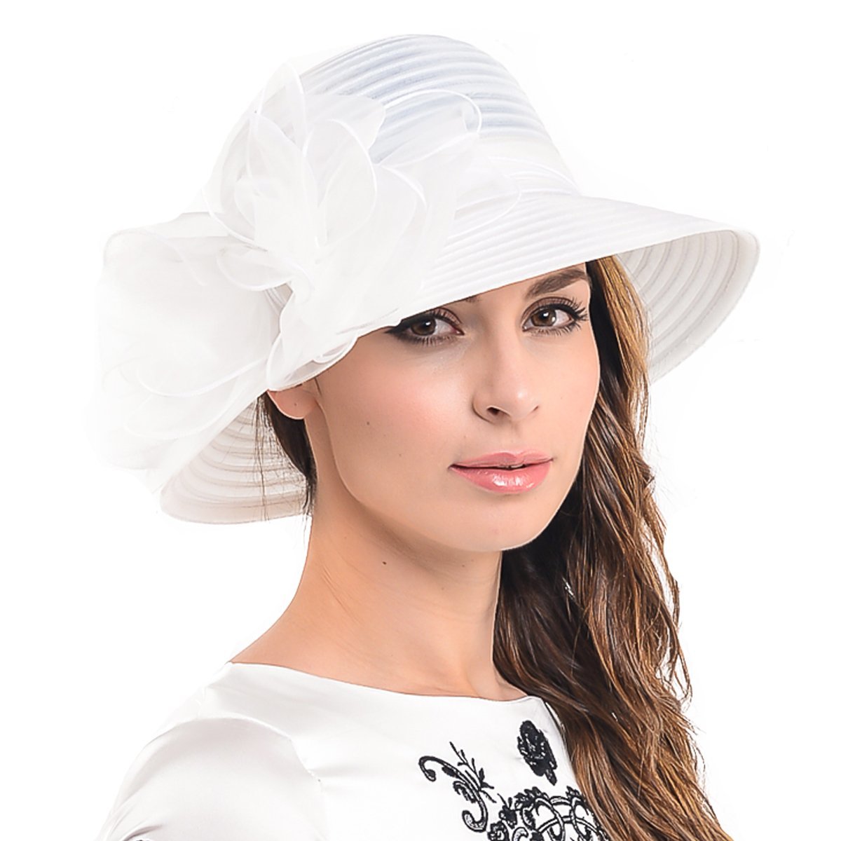 Cloche Oaks Church Dress Bowler Derby Wedding Hat Party S015 (Bow-White)