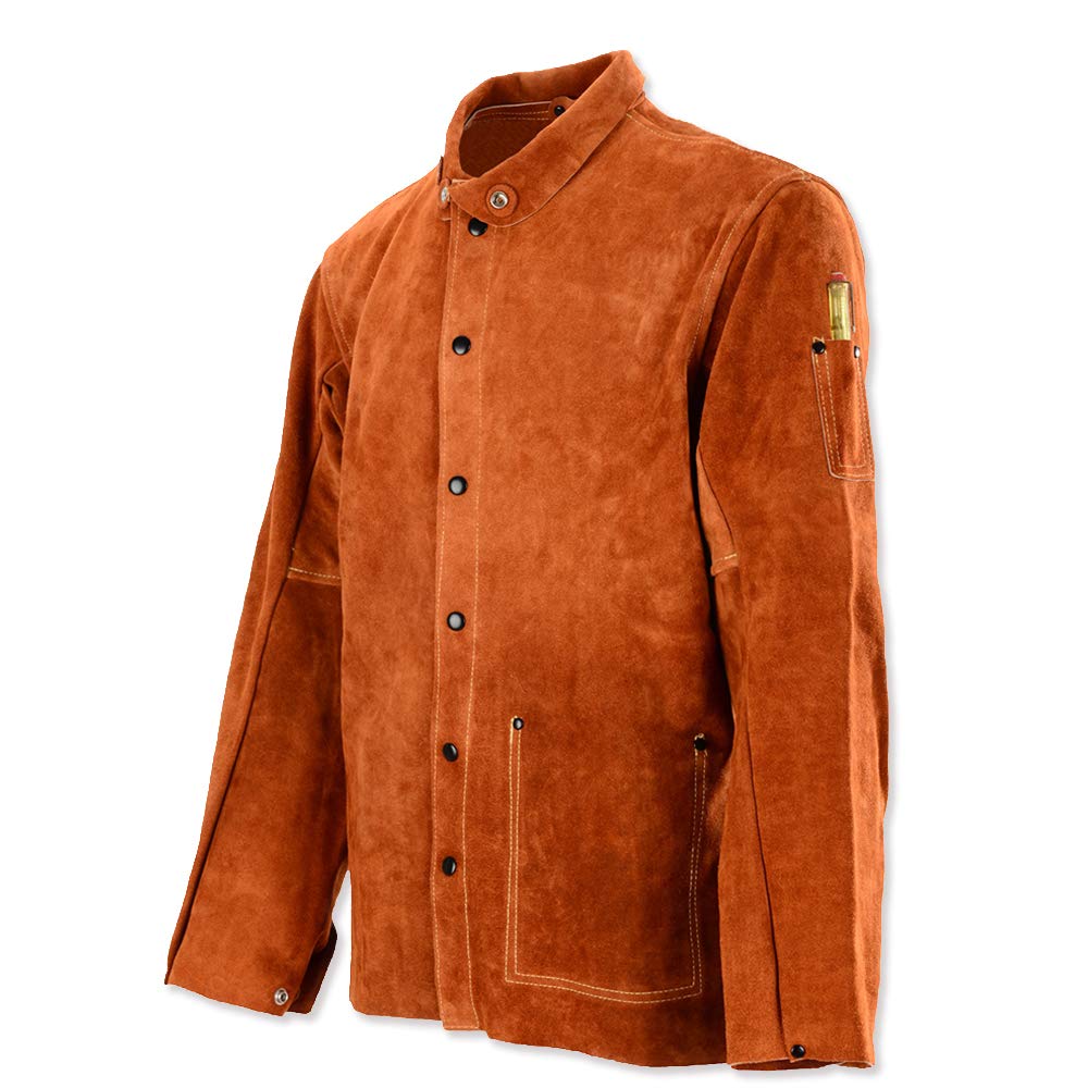 QeeLink Leather Welding Jacket - Flame-Resistant Heavy Duty Work Welder Jackets - Split Cowhide Welding Coat for Men Women (Medium)