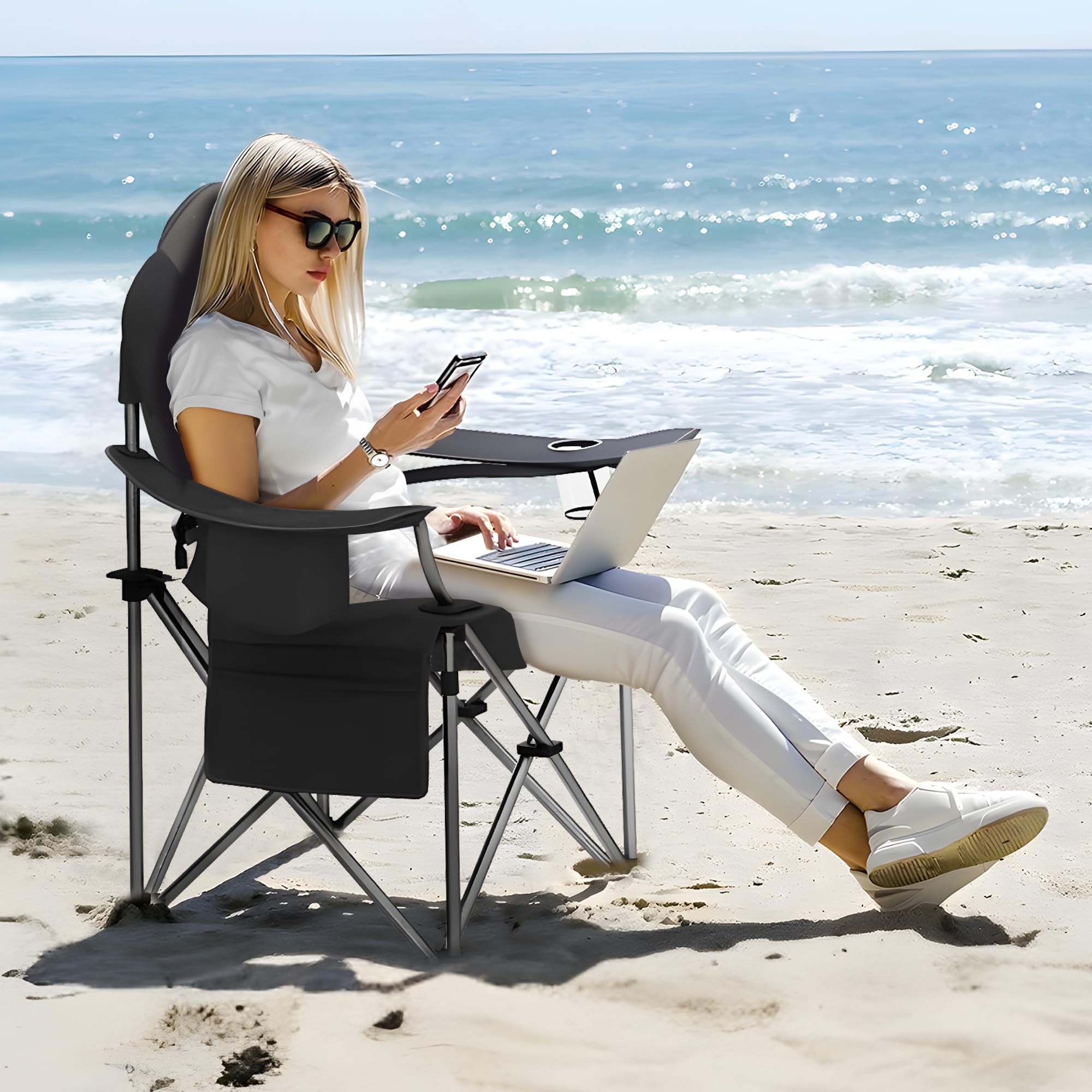 Coastrail Outdoor Camping Chair Oversized Padded Folding Quad Arm Chairs with Lumbar Back Support, Cooler Bag, Cup Holder & Side Pocket, Extra Head Pocket, Supports 400 lbs (Black, Modern)