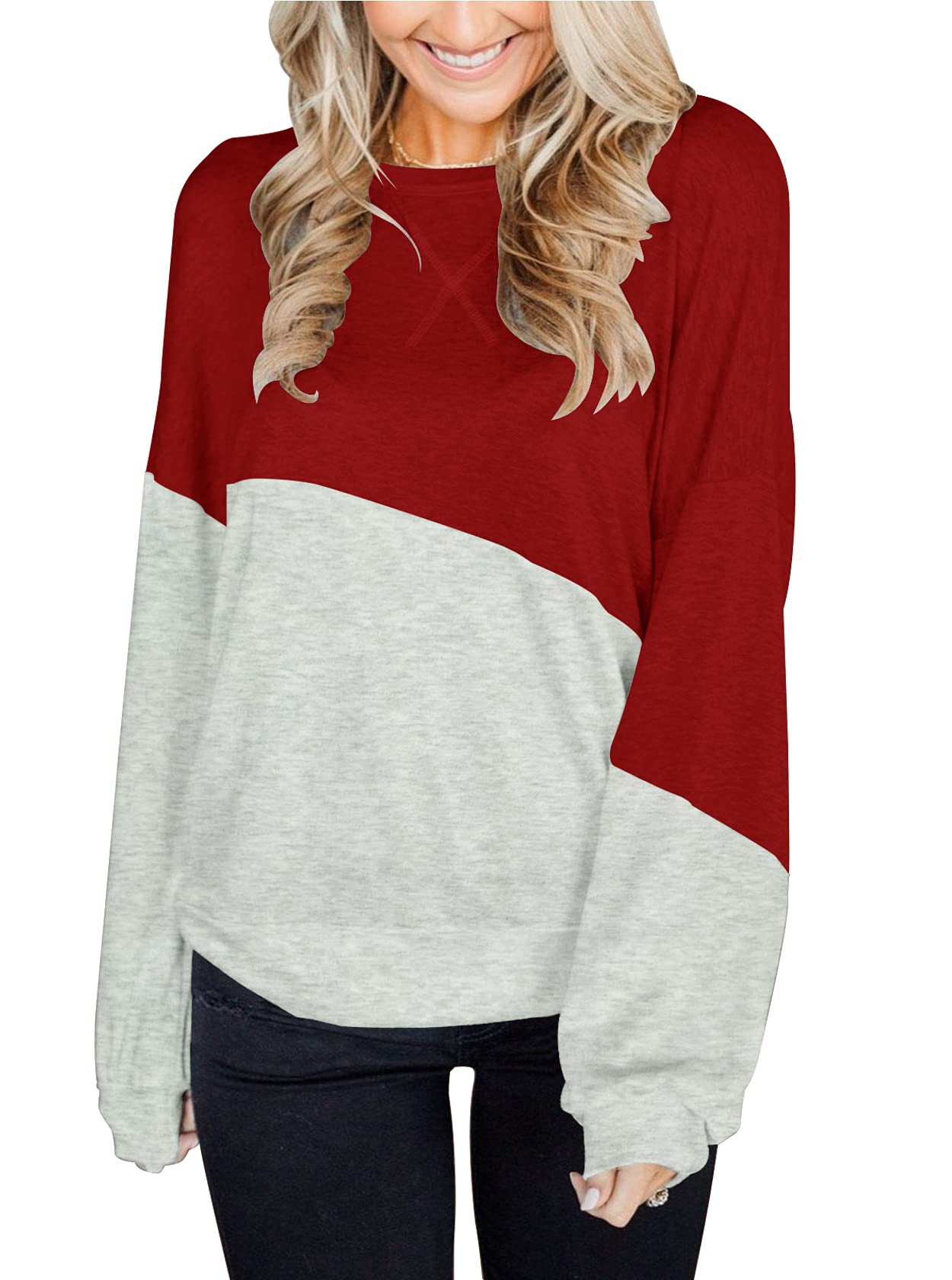 Dbtanjy Womens Casual Sweatshirt Relaxed Pullover - Long Sleeve Color Block Tops Loose Fitting Crew Neck Shirts(Red,Small,Small)