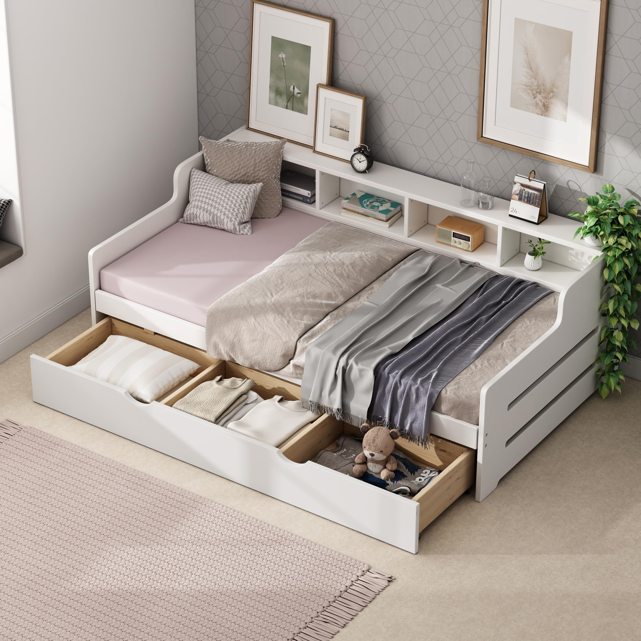 Harper & Bright Designs Twin Daybed Bed with Bookcase and 3 Drawers, Wooden Twin Size Captain Daybed with Storage,Space Saving Twin Bed Frame for Girls Boys,White