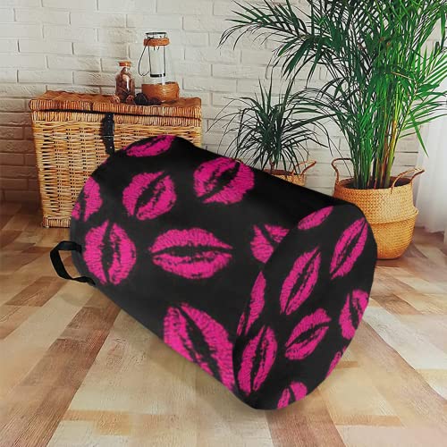Purple Lips on Black Laundry Hamper Basket Bucket Foldable Dirty Clothes Bag Waterproof Fabric Washing Bin Toy Storage with Handles for Bathroom Bedroom