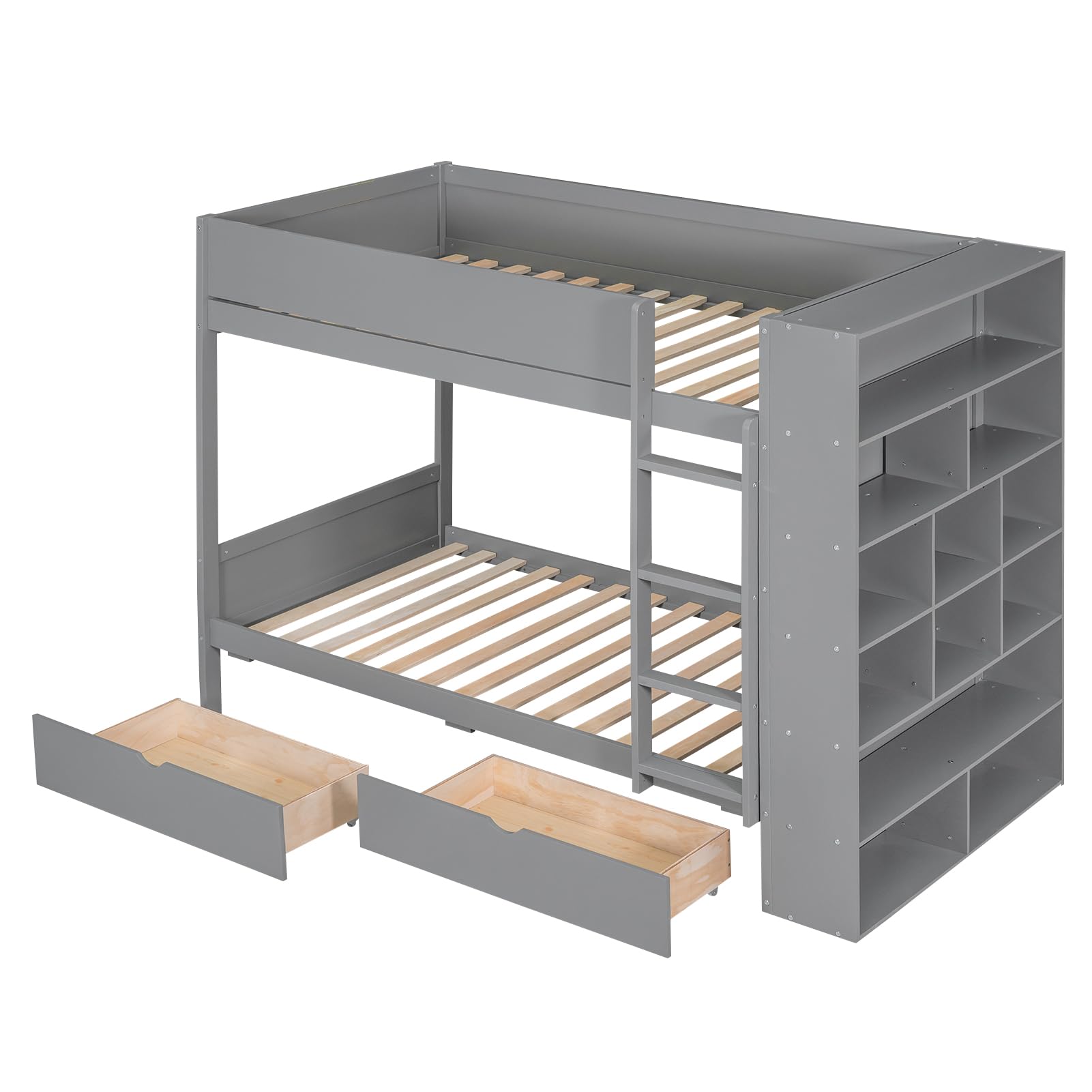 Harper & Bright Designs Twin Over Twin Bunk Beds with Storage Drawers & Bookshelves, Wood Bunk Bed Frame with Guardrails & Ladder for Kids, Teens, Adults (Gray)