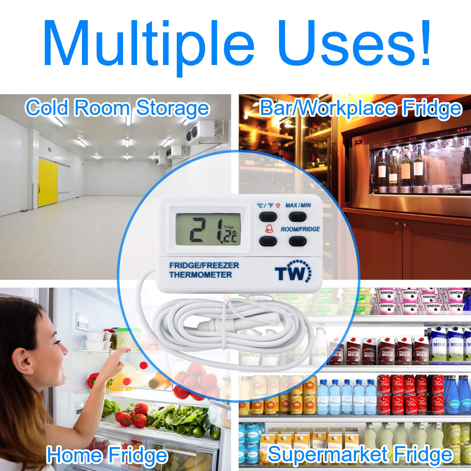 Digital Refrigerator Thermometer - Fridge and Freezer Alarm Alert When Temperatures Drop - Ideal RV Fridge Freezer Thermometer with Alarm and Max Min
