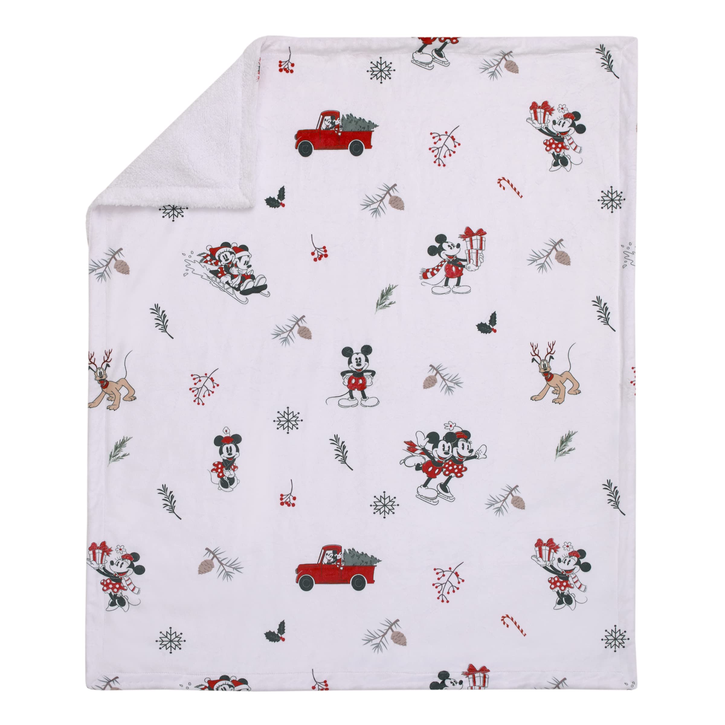 Disney Mickey and Minnie Mouse White, Red, and Green Ice Skating Sledding Christmas Holiday Super Soft Sherpa Baby Blanket