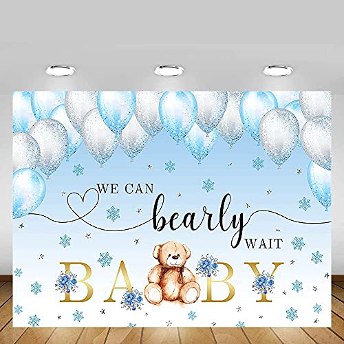 MEHOFOND 7x5ft Winter Snowflake Bear Boy Baby Shower Backdrop We Can Bearly Wait Bear Blue and Silver Balloons Photography Background Party Decor Cake Table Decor Banner Photo Booth