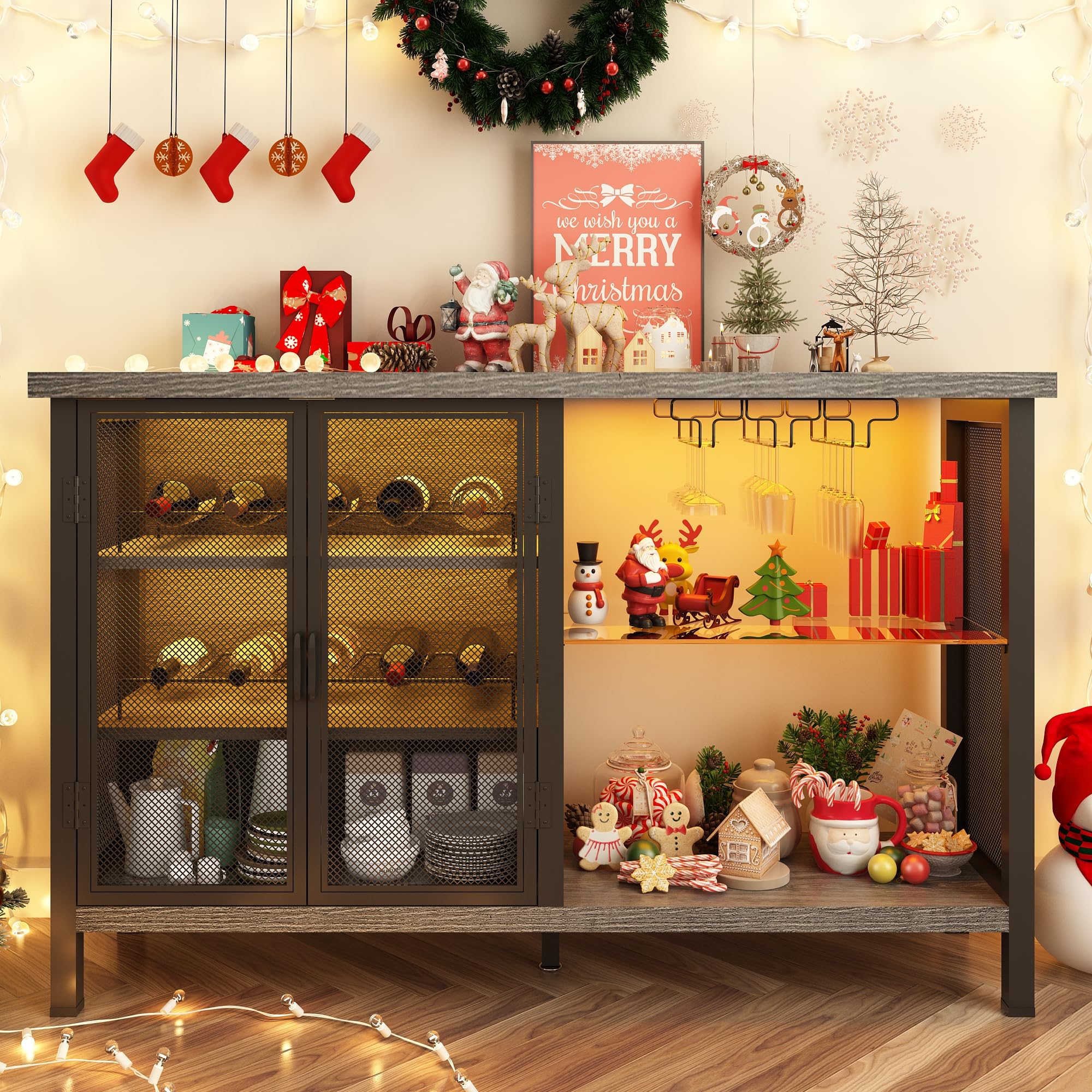 chartustriable Wine Bar Cabinet with 60000-Color Lights, Liquor Cabinet Bar with Bottle Rack and Glass Holder, Home Coffee Bar Cabinet, Buffet Sideboard with Storage Shelf for Kitchen, Dining Room