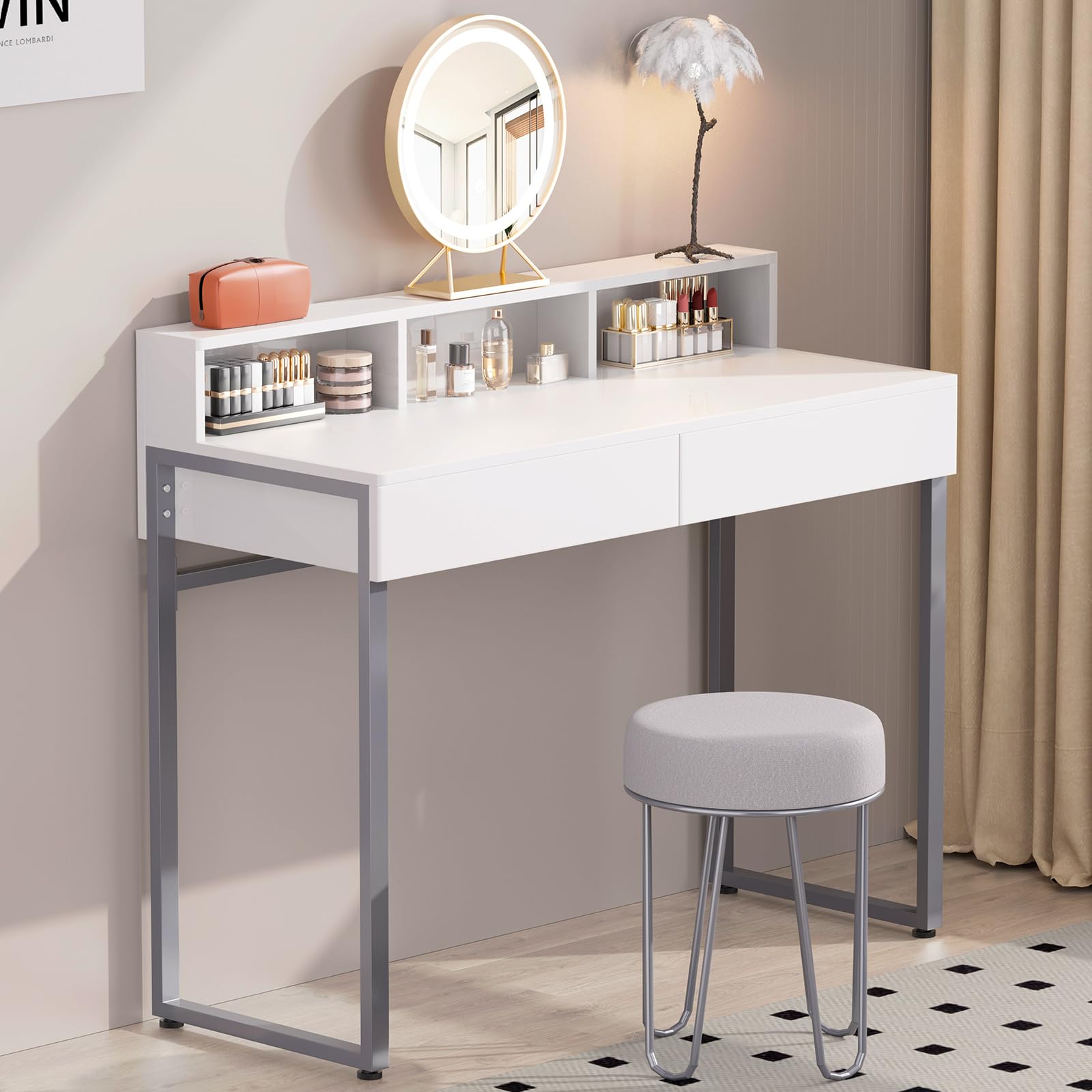 GreenForest Vanity Desk with 2 Drawers, White Makeup Desk with 3 Storage Spaces, 31.5 inch Small Desk with Silver Metal Legs, Modern Home Office Desk for Kids, Bedroom (No Mirror)