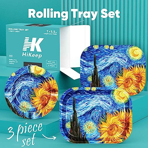 HiKeep Rolling Tray Set of 3, Metal Rolling Tray with PVC Soft Magnetic Lid - 7 x 5.5, Ashtray - 5.8" (Art Design)