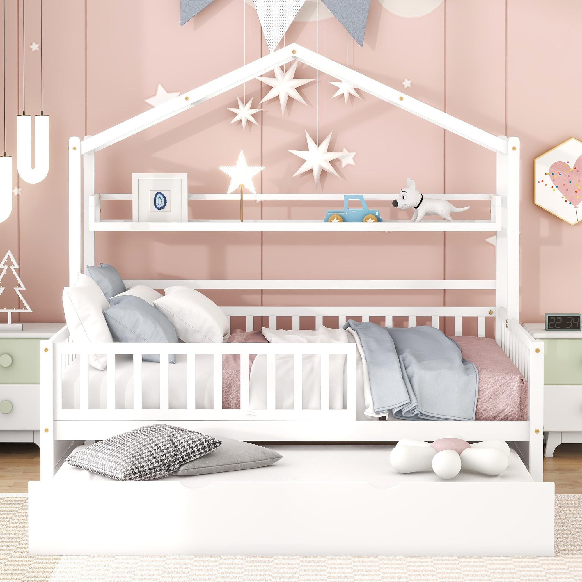 Harper & Bright Designs Full House Bed with Trundle, Wood Full Kids Bed Frame with Shelf, Full Size House Bed for Kids with Roof for Girls, Boys,No Box Spring Needed (Full, White)