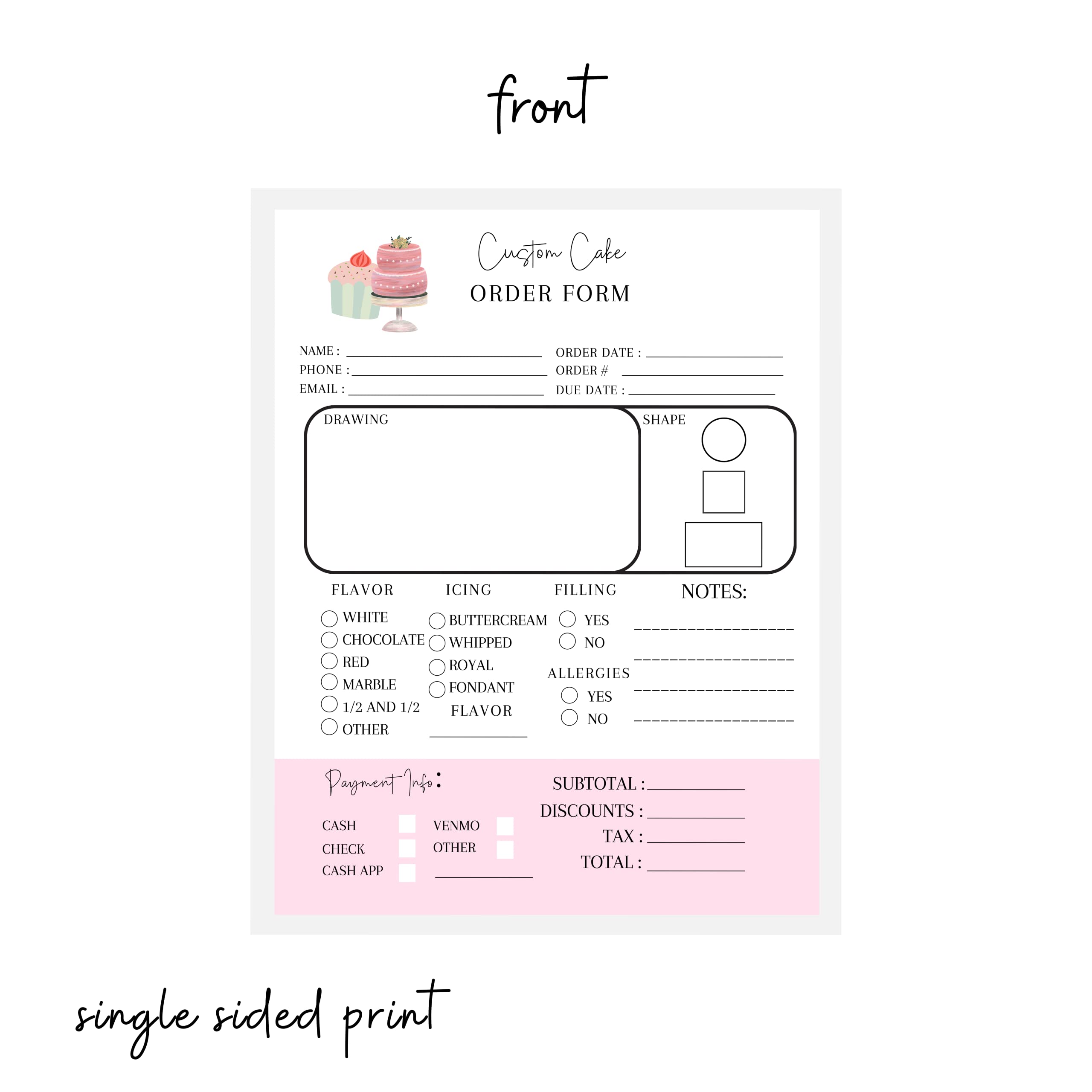 Custom Cake Order Form Sheets | 50 pk | for Bakers Dessert Wedding Birthday Party Cake Form Book Bakers Supplies Small Business Planner 8.5x11β inches