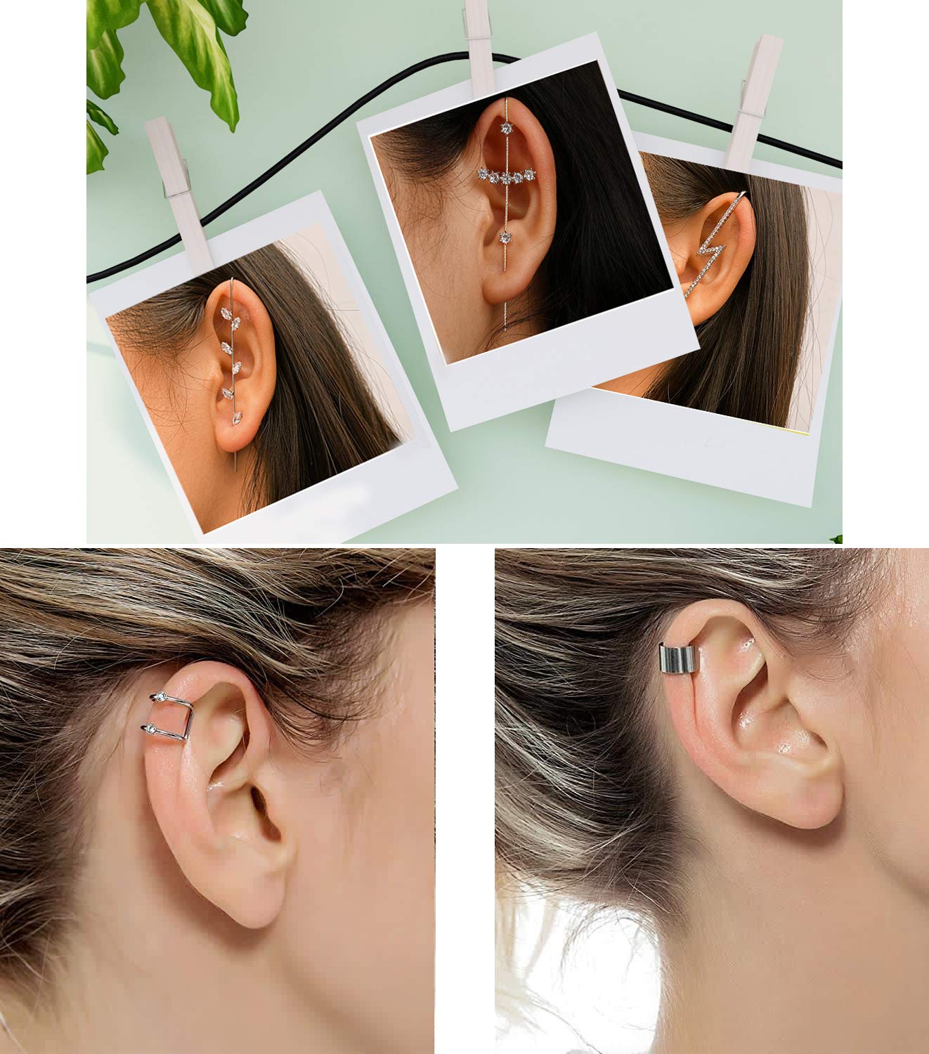 Cocamiky Ear Wrap Crawler Hook Earrings Sparking Cubic Zirconia Earcuffs Silver Climber Piercing Cartilage Hypoallergenic Earrings 16Pcs Set for Women