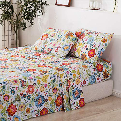 MEISHANG Queen Sheet Set Floral Printed Sheets Ultra Soft 100% Microfiber - 16 Inch Deep Pocket Breathable Comfortable Bed Sheet Set - 4 Pieces Spring Flower Queen