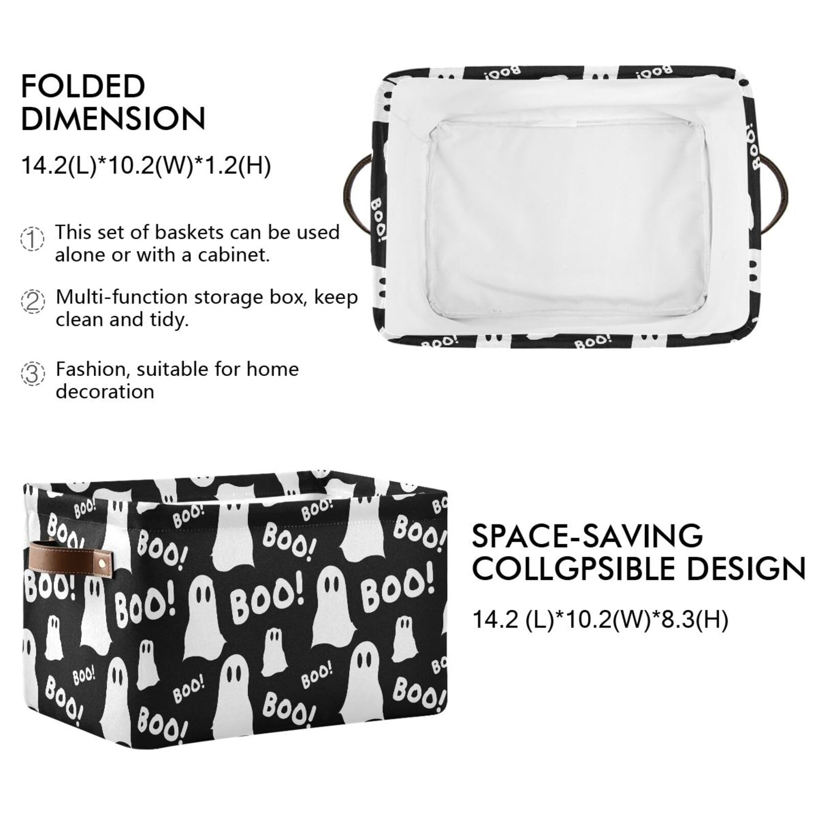 Halloween Boo Ghosts Storage Basket Collapsible Storage Bins Cubes Box Toy Chest Fabric Clothes Hamper Gift Baskets for Shelves Nursery Shoes Home Office with Leather Handles