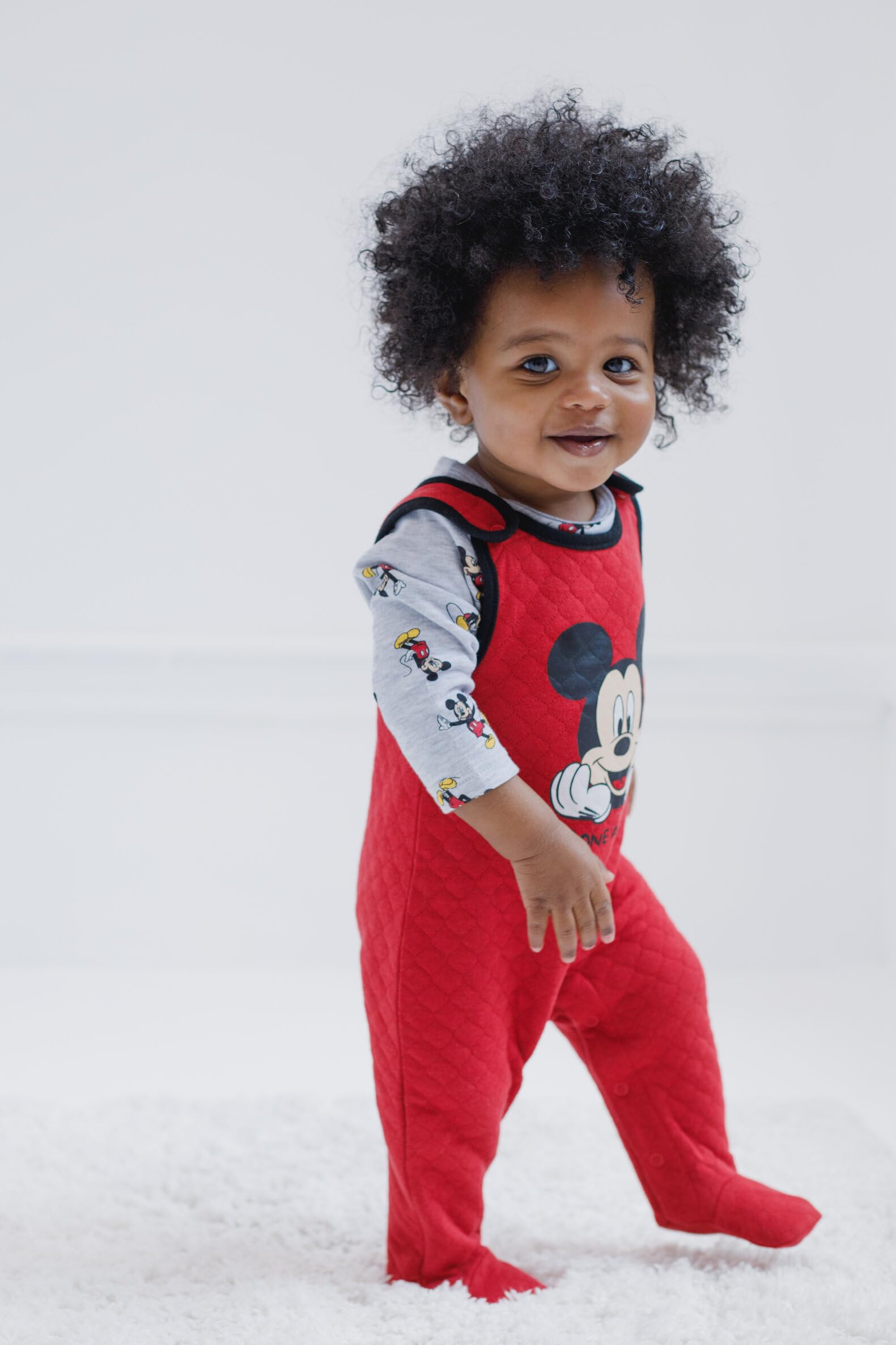 Disney Mickey Mouse Newborn Baby Boys Cuddly Bodysuit Snap French Terry Overall Gray/Red 6-9 Months
