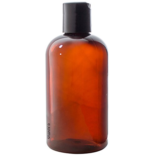 JUVITUS 8 oz Amber Boston Round PET Plastic Bottles (BPA Free) with (12 pack) (Black Disc Cap)