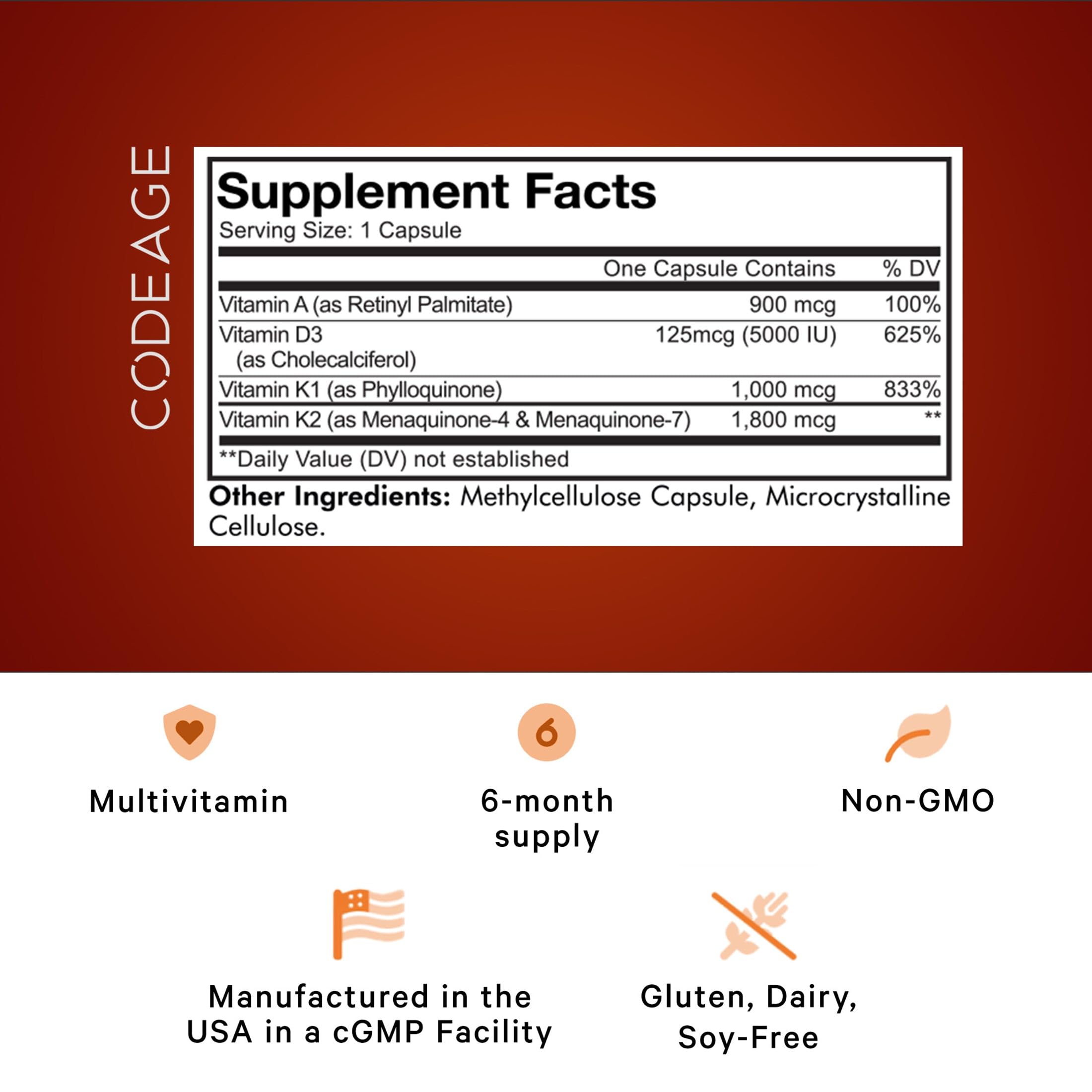 Codeage Vitamin ADK, 6-Month Supply 1 Capsule Per Serving, Immune, Bone & Heart Support, Fat Soluble Vitamins A, Vitamin D3 5000 IU, Vitamin K1 & K2 (MK4 & MK7), A D K Vitamin Supplement, 180 Capsules