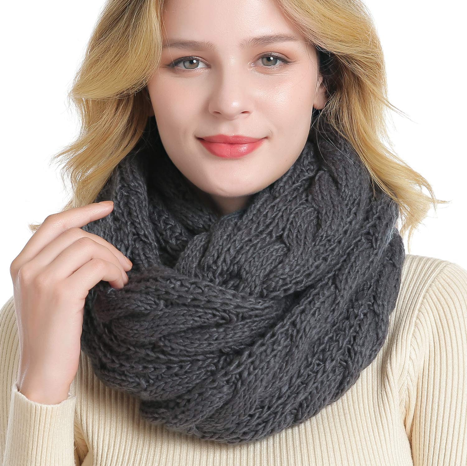QUEENFUR Winter Women Thick Cable Knit Ribbed Infinity Circle Loop Scarf (16- Dark Grey Beanie and Scarf Set)