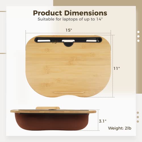 Lap Desk with Pillow Cushion, Portable Bamboo Laptop Stand with Slot for Tablet/Phone, Lightweight Laptop Desk Tray, Computer Bed Table for Home Travel, Support up to 14" Laptops
