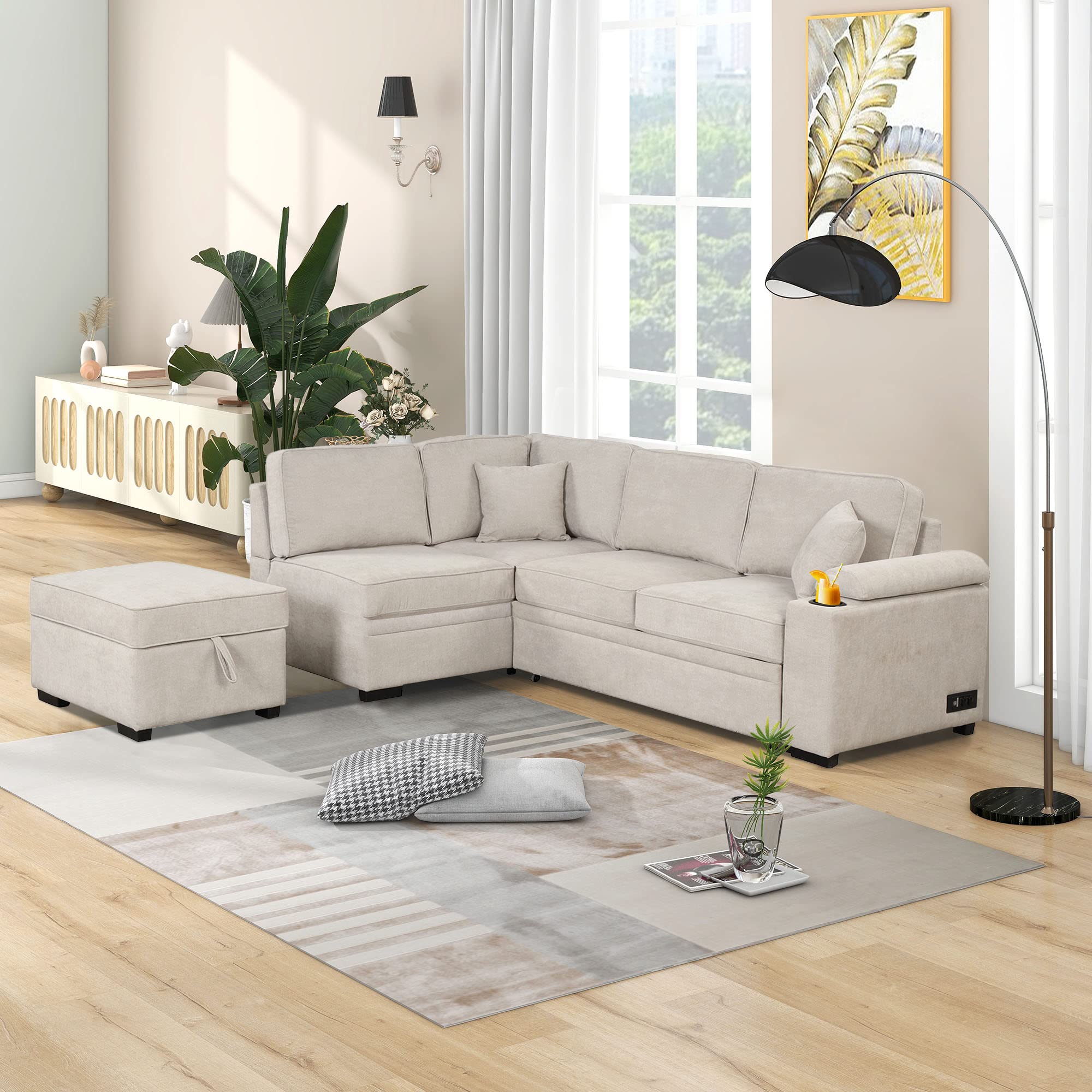 Harper & Bright Designs 87.4" Sleeper Sofa Bed, 2 in 1 Pull Out Sofa Bed L-Shape Couch with Storage Ottoman for Living Room, Bedroom and Small Apartment, Beige