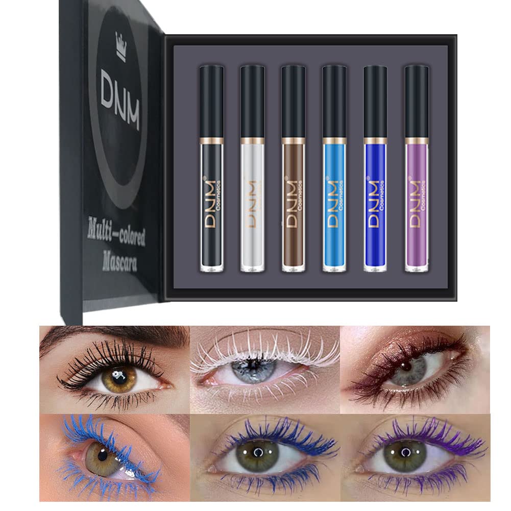 DNM 6 Color Colored Colorful Waterproof Mascara, Blue White Black Brown Purple for eyelashes Long lasting Charming Voluminous for Women Cruelty Free Vegan Eye Makeup