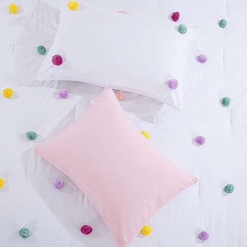 HOMBYS Pom Poms Bedding Comforter Set for Girls, 5 Piece White Pink Boho Kids Comforter Set for All Season,Full/Queen Size