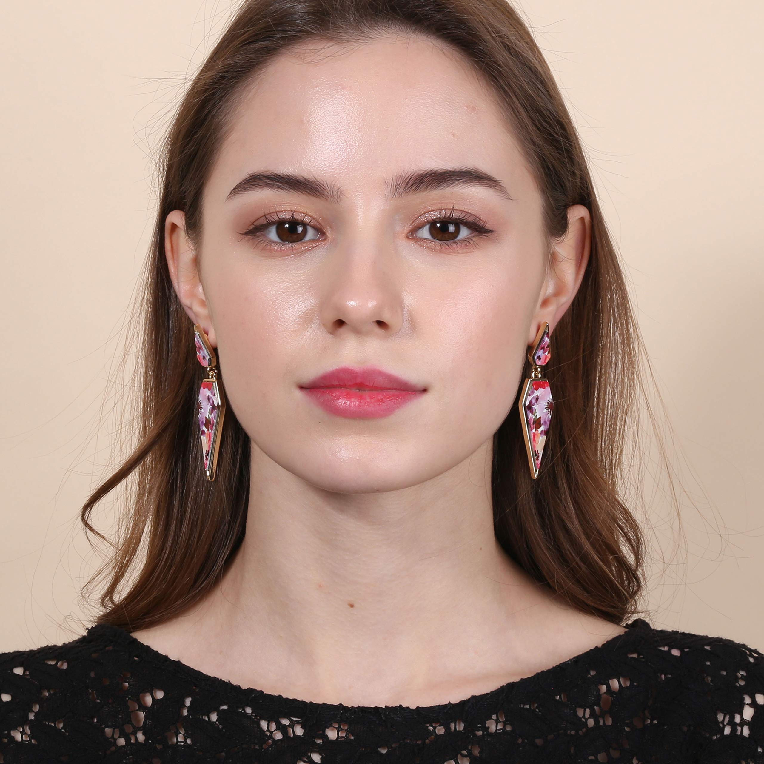 Bohemian Wood And Marble Effect Pentagon Shaped Drop Statement Earrings